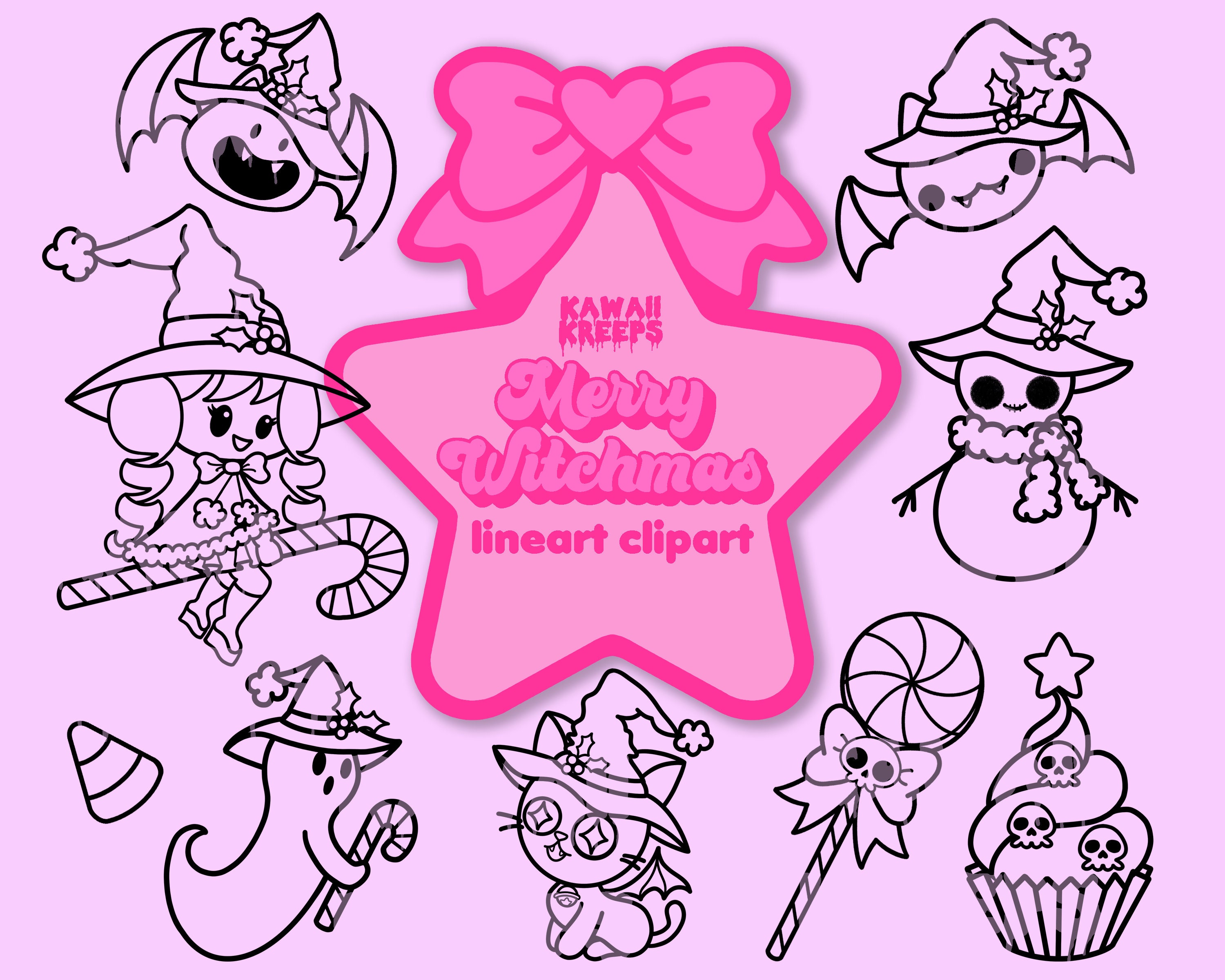 Pastel Goth Christmas Printables Lineart Clipart Christmas Witch ...