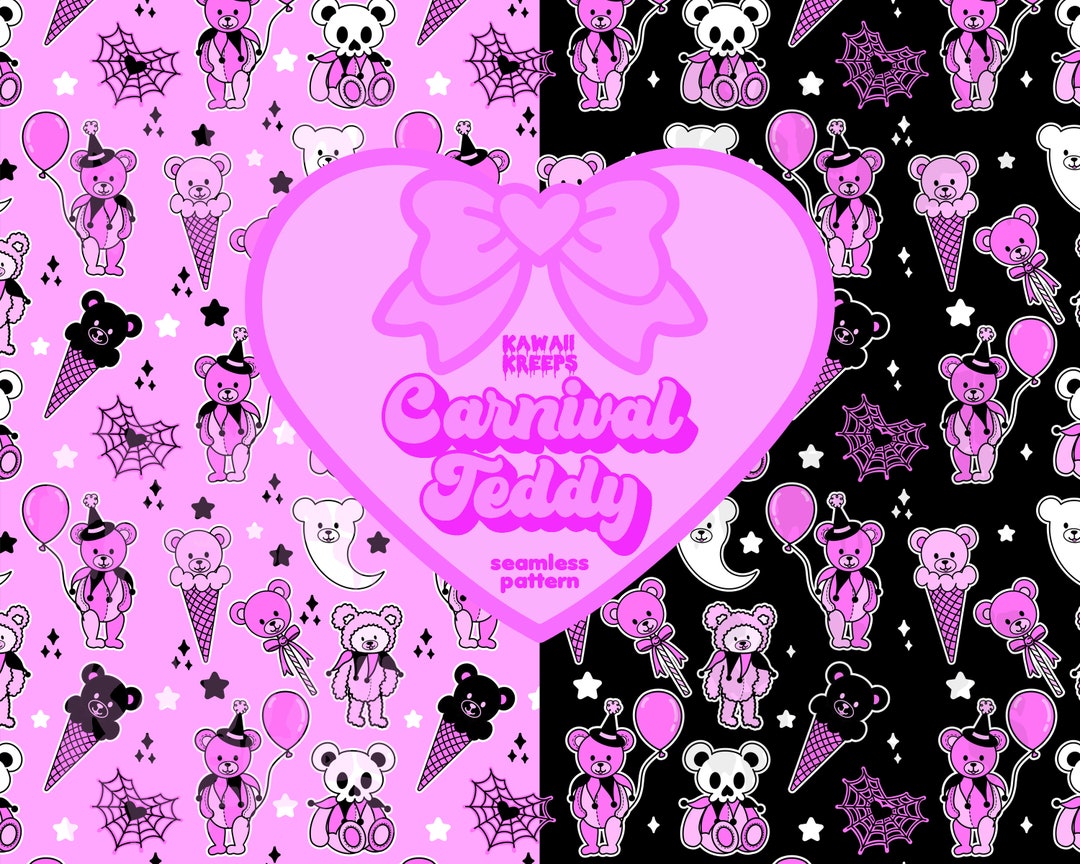 Clowncore Pastel Goth Carnival Teddy Bear Seamless Pattern Digital ...