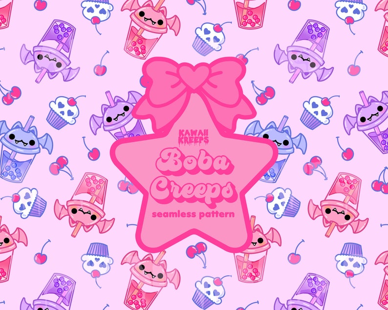Emo Boba Bat Bunny Seamless Pattern: Pastel Goth Kawaii (digital) - Etsy