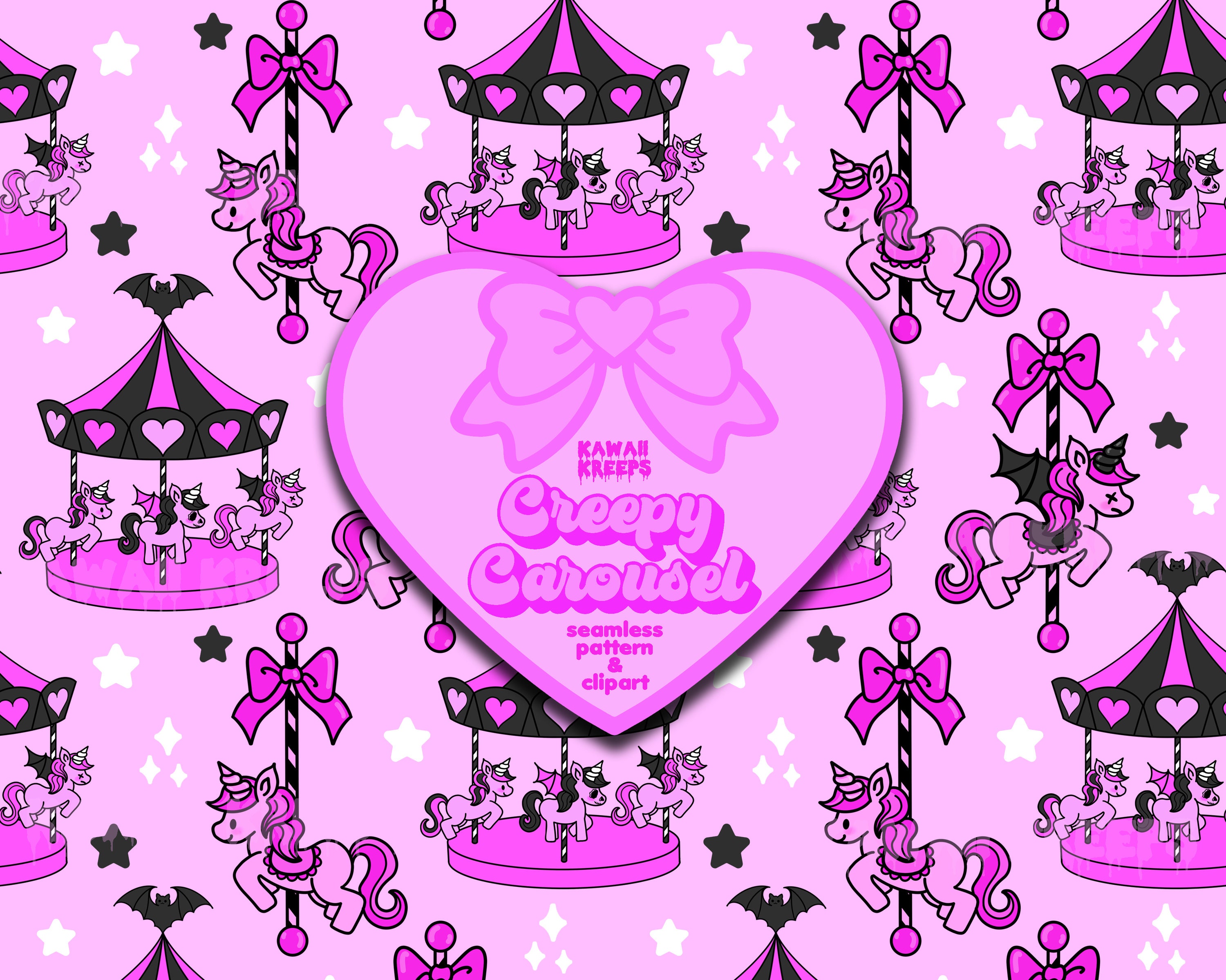 Pastel Goth Creepy Carousel Pony Clipart Seamless Pattern (digital ...
