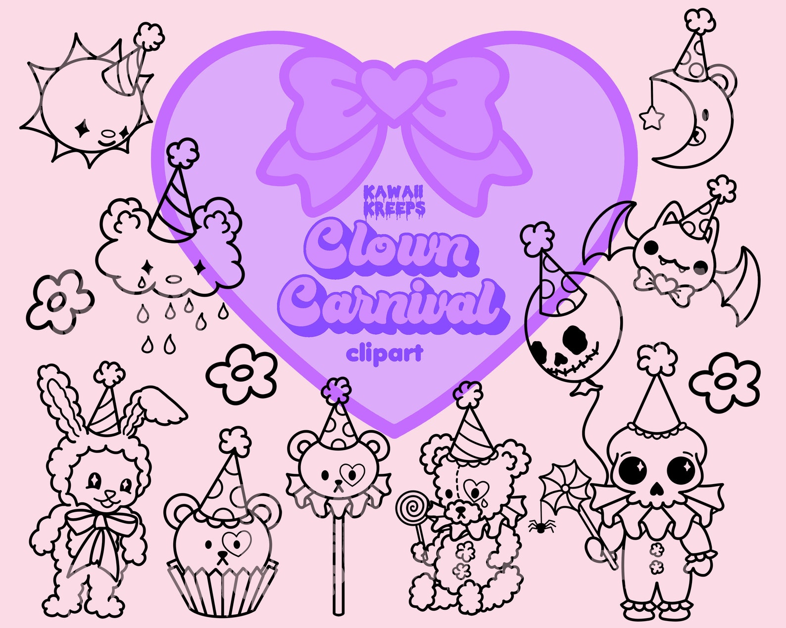 Clowncore Pastel Goth Clipart Lineart Kawaii Clowns Carnival Circus ...