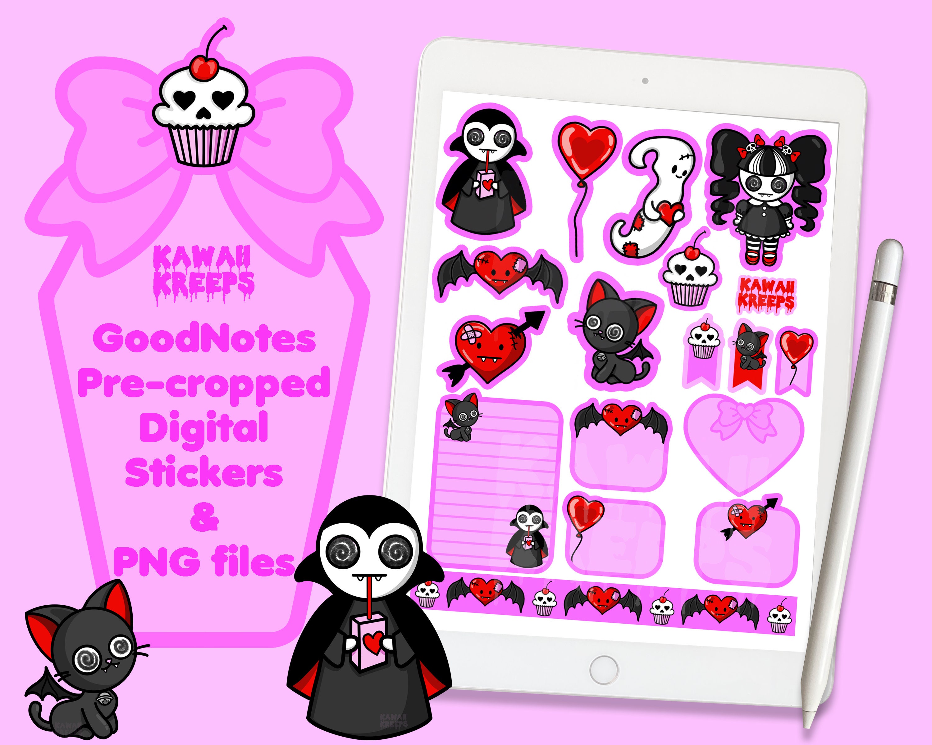 Kawaii Pastel Goth Valentine's Day Vampires Digital Stickers Goodnotes ...