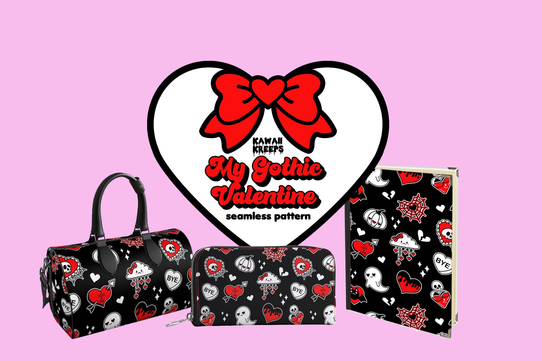 Pastel Goth Valentine's Day Digital Seamless Pattern Emo Kawaii Alt ...
