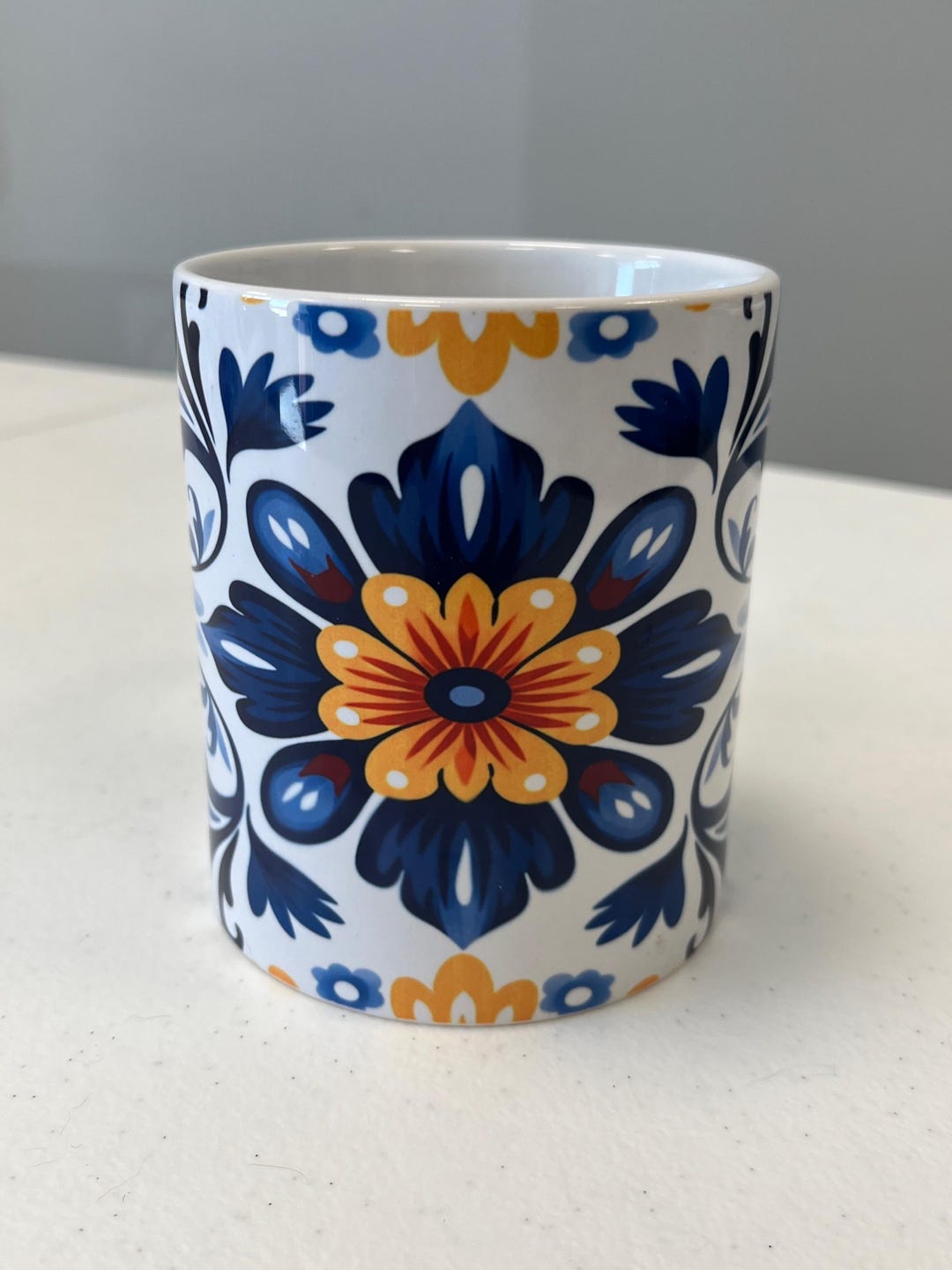 FULL WRAP Boho Blue Gold Floral Mug, Talavera Cup, Flower Retro Mug ...