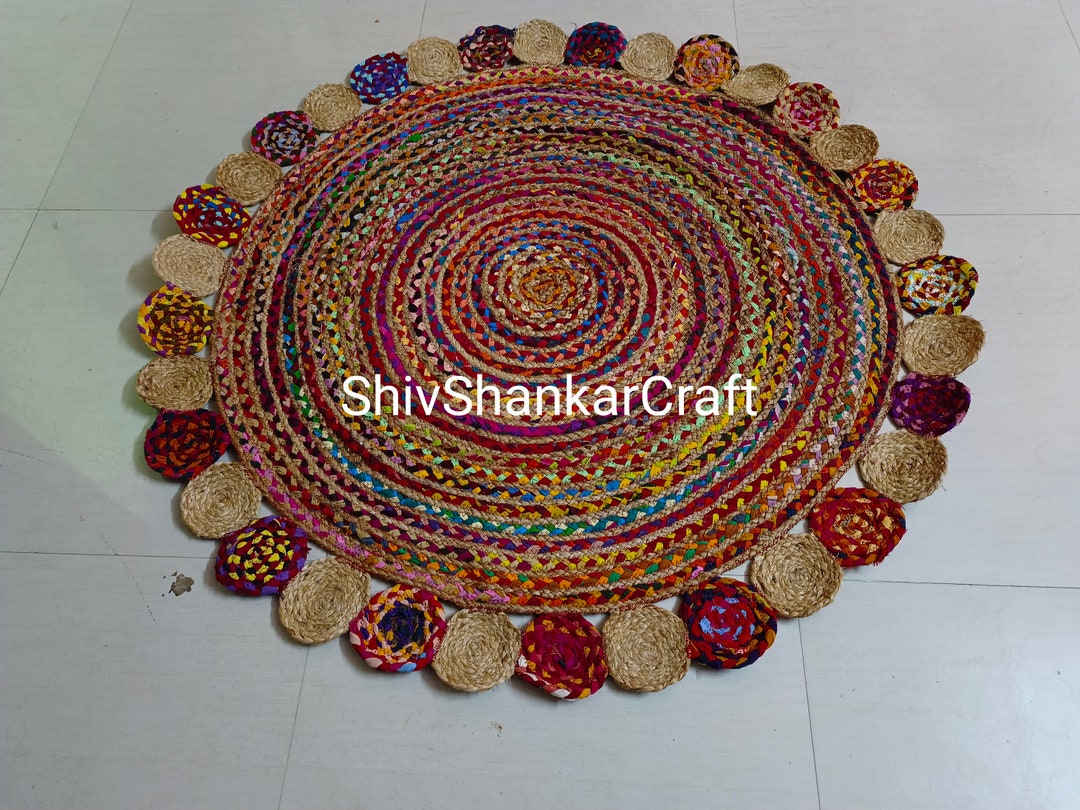 Indian Handmade Natural Jute Chindi Rug Pur Cotton Jute Rug Scallop ...
