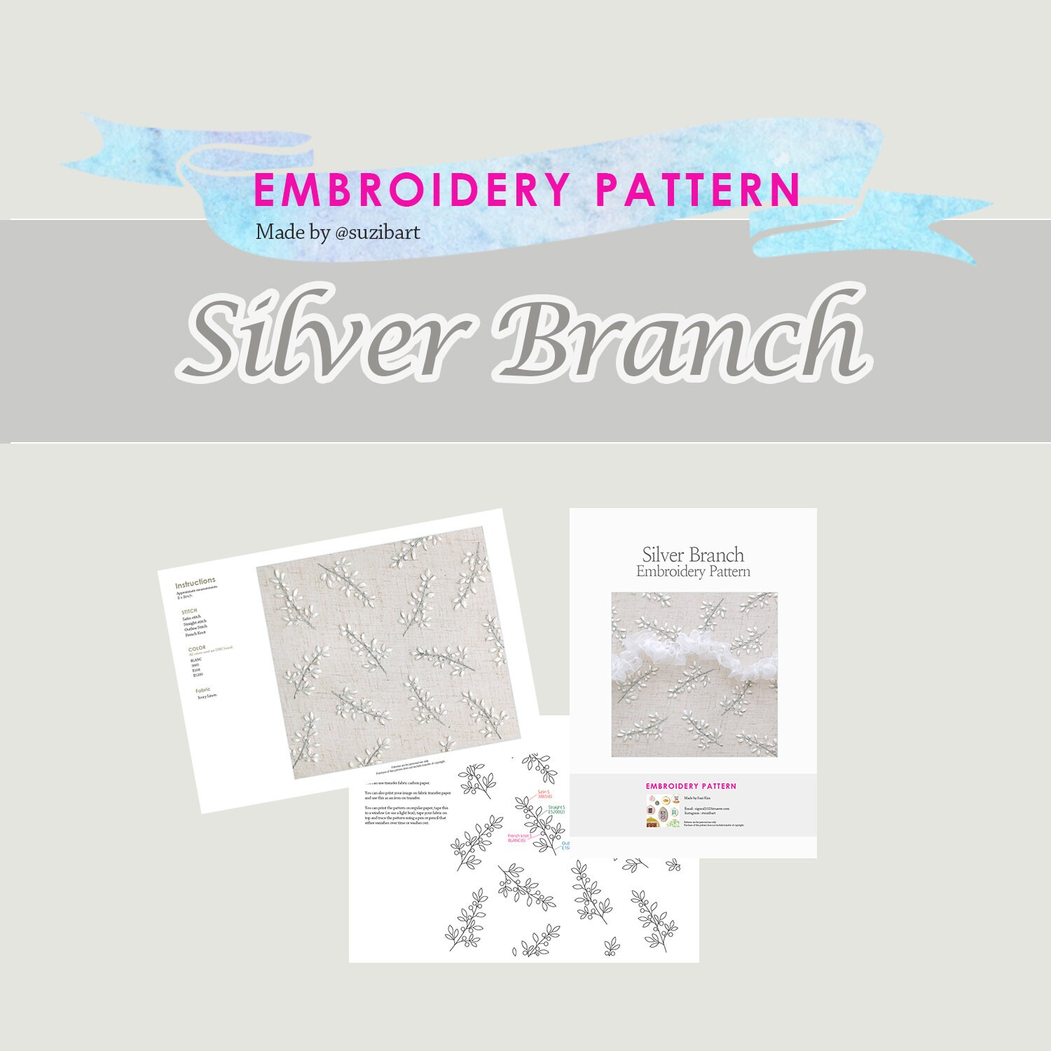 Embroidery Pattern_ Silver Branch_ White&Silverwork_PDF | Etsy