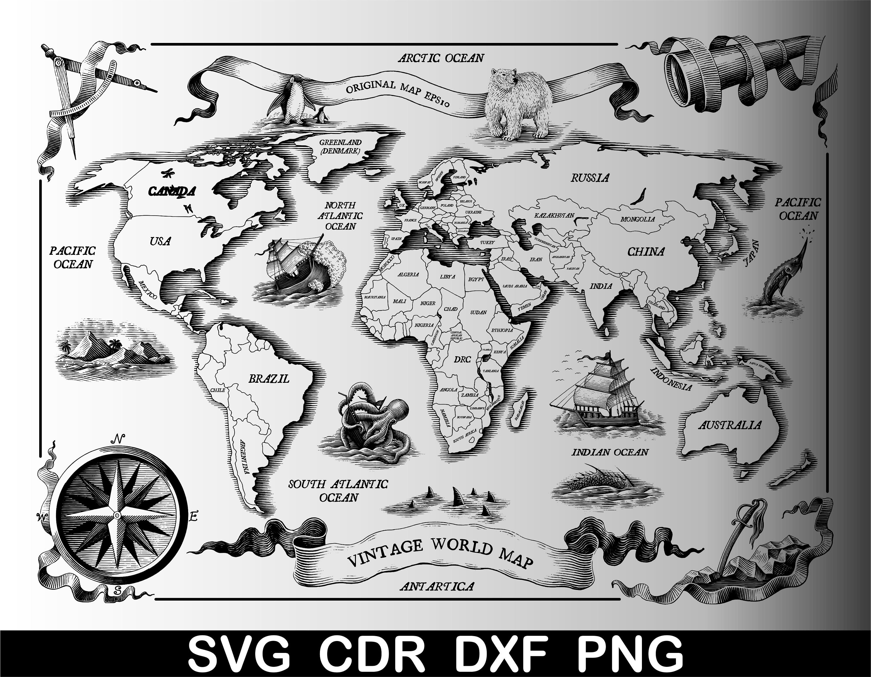 Vintage World Map Svg Vintage Svg Pirate Map Svg Old Map | Etsy UK