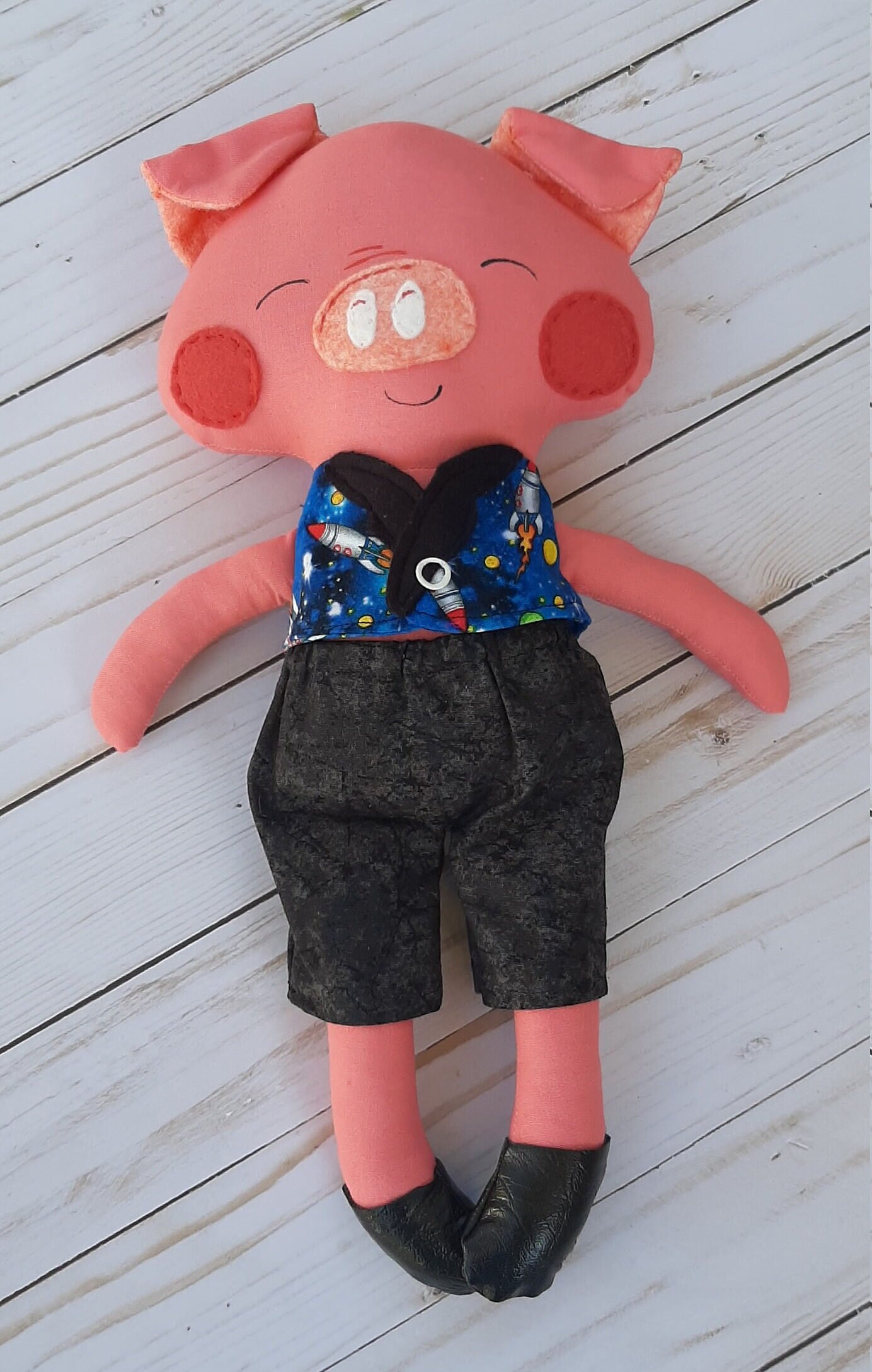 Dressed up Pig, Stuffed Piggy, Space Vest and Pants, Homemade, One of a ...