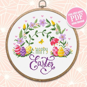 Happy Easter Cross Stitch Pattern PDF Floral Rainbow Cross Stitch Chart ...