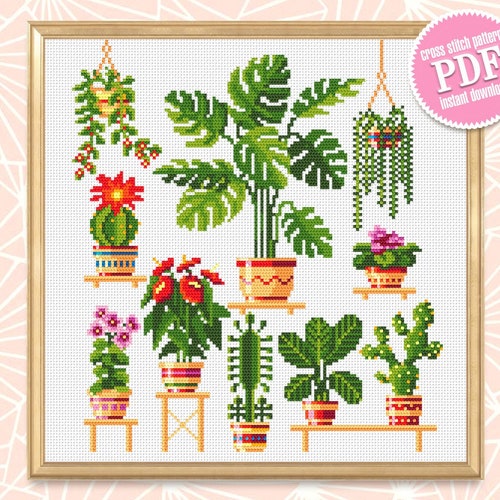 Potted Plants Cross Stitch Pattern Download PDF Floral Cross - Etsy