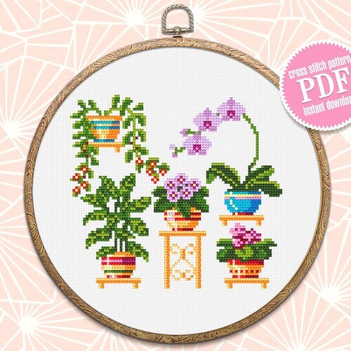 Potted Plants Cross Stitch Pattern Download PDF Floral Cross - Etsy
