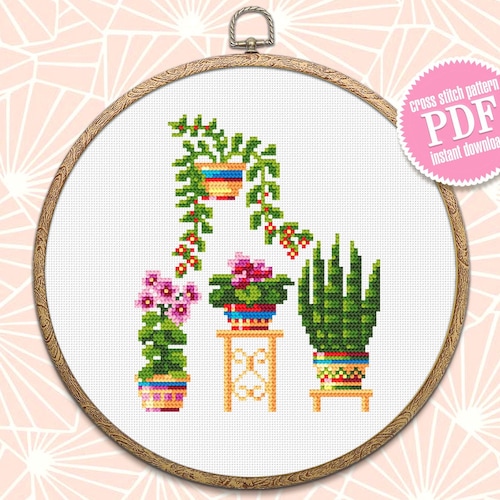 Potted House Plants Cross Stitch Pattern Download PDF Floral - Etsy