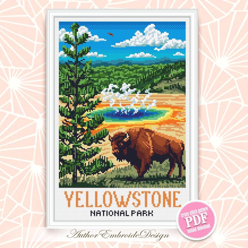 Yellowstone National Park Cross Stitch Pattern PDF Download Buffalo ...
