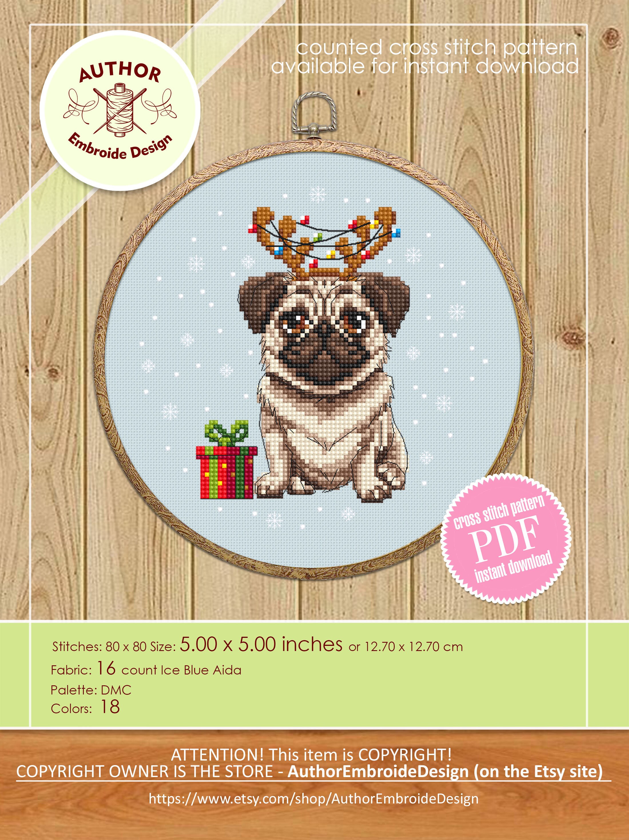 Christmas Pug Dog Cross Stitch Pattern PDF Download Set Pug Christmas ...