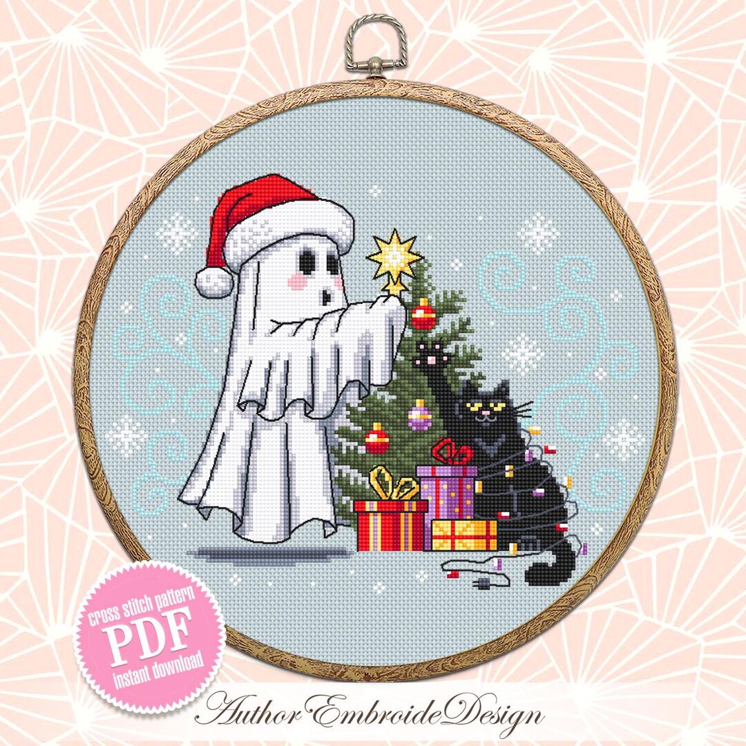 Christmas Ghost With Black Cat Cross Stitch Pattern PDF Download Cute ...