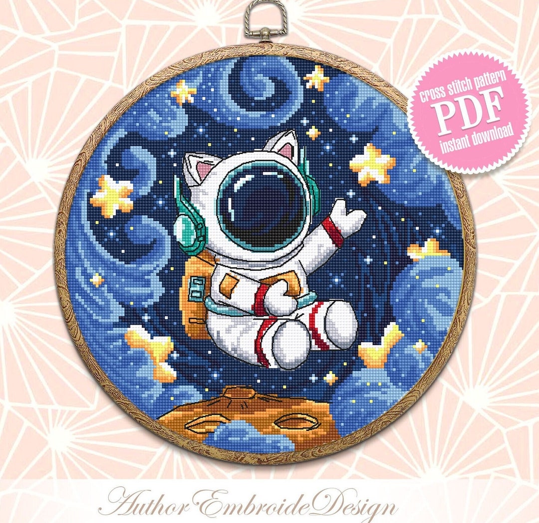 Astronaut Cat Cross Stitch Pattern PDF Download Funny Cat in Space ...