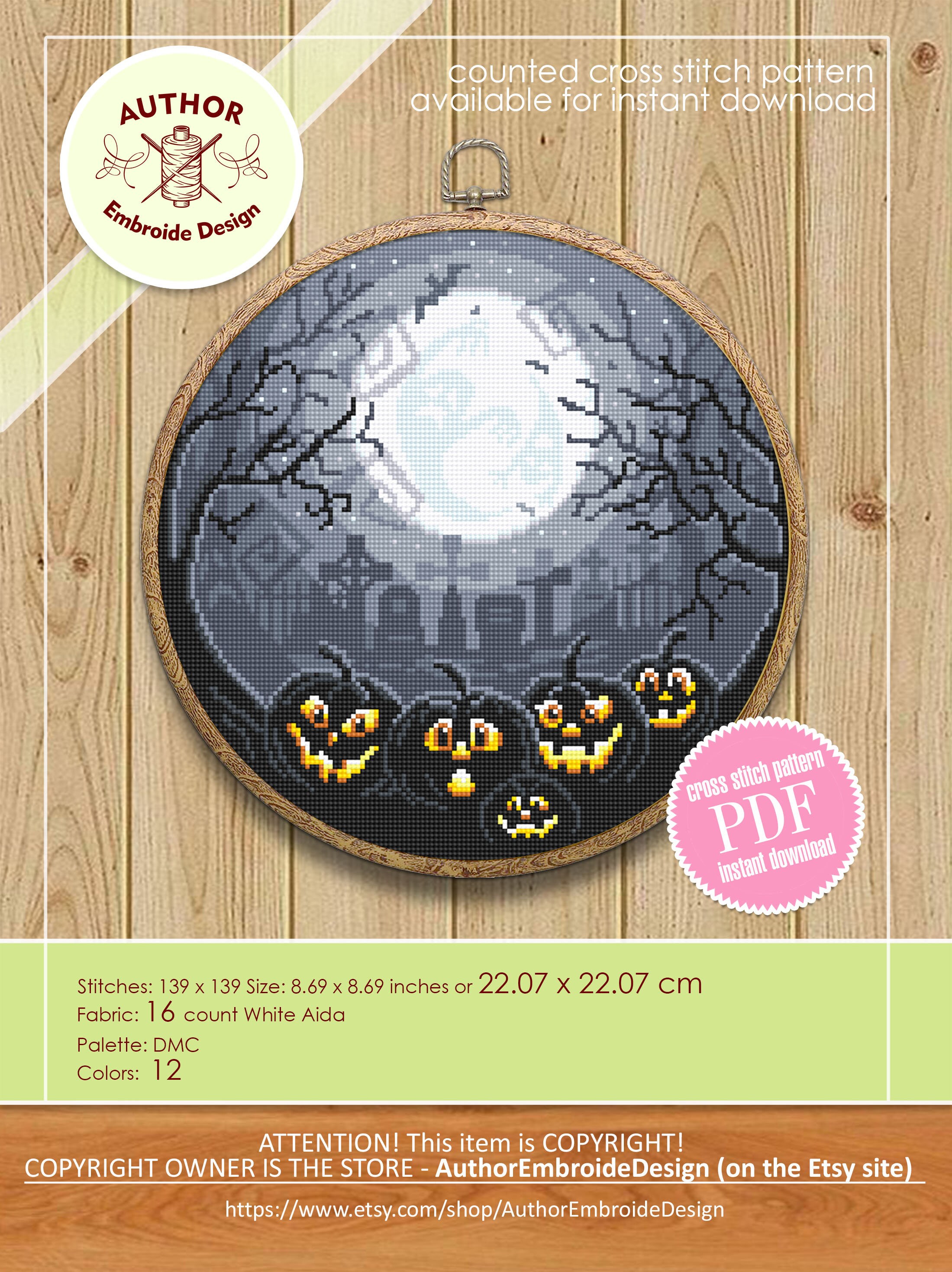 Scary Halloween Cross Stitch Pattern Download PDF, Full Moon Cross ...