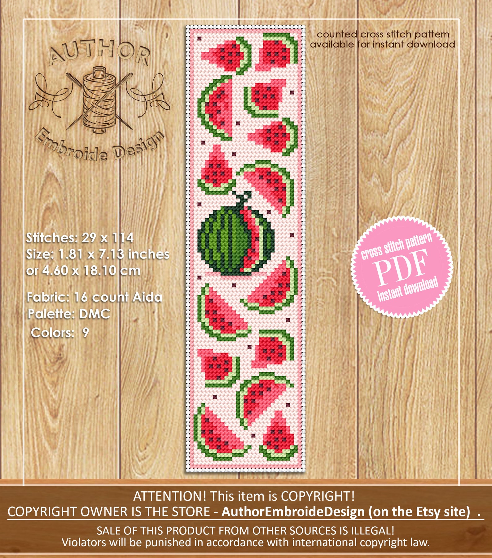 Bookmark Watermelon Cross Stitch Pattern PDF Download Summer Bookmark ...