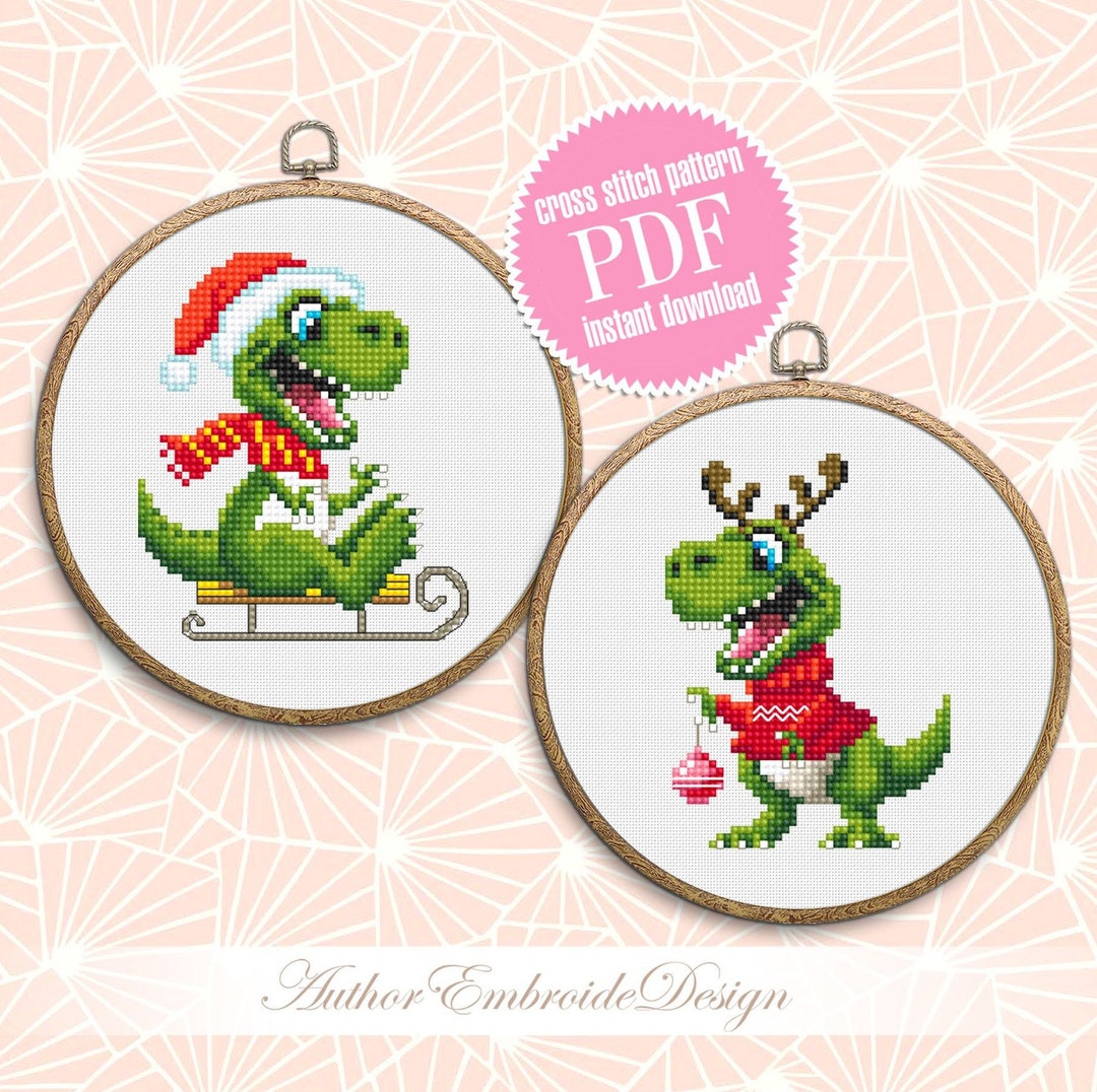 Funny Dinosaur Christmas Cross Stitch Pattern PDF Download, Set of 2 ...