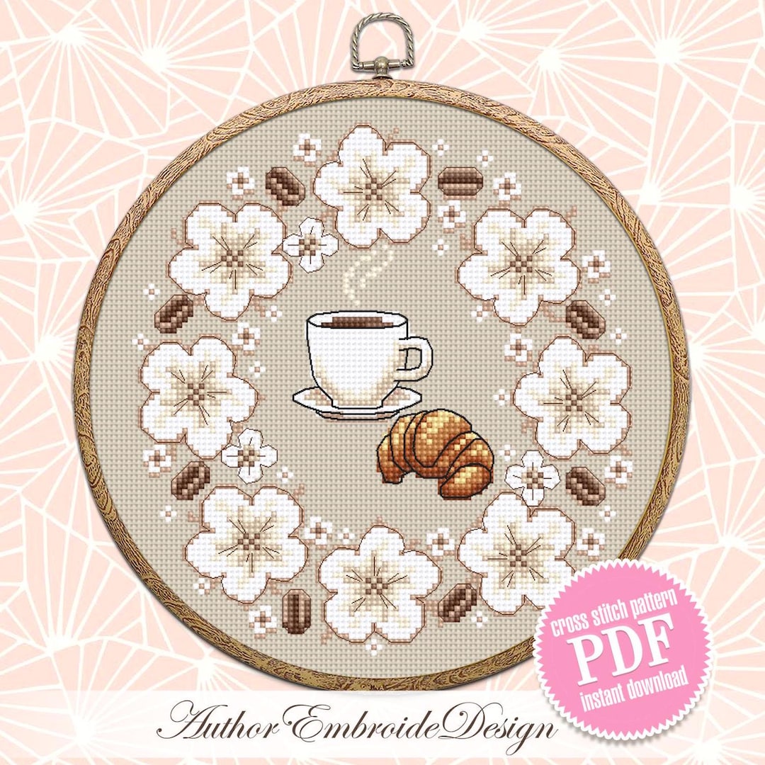 Cup of Coffee Cross Stitch Pattern PDF Download Croissant Cross Stitch ...