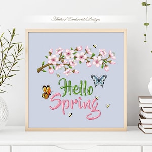 Hello Spring Cross Stitch Pattern PDF Download Cherry Blossom Cross ...