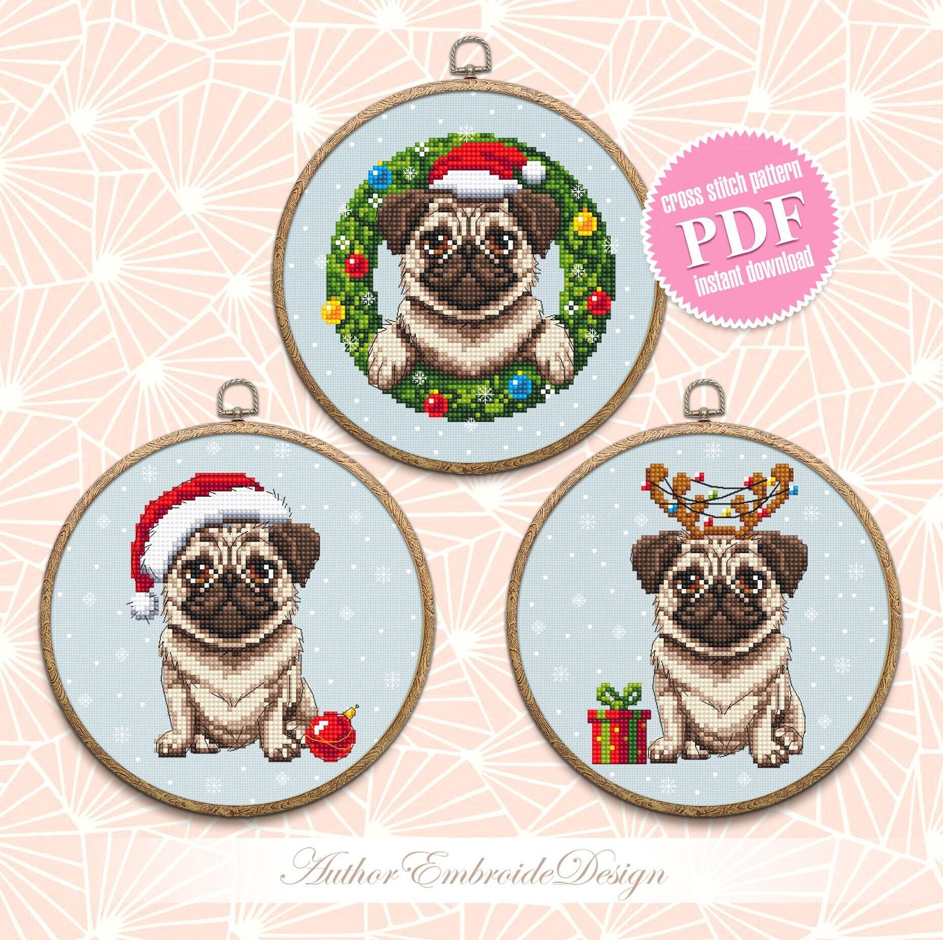 Christmas Pug Dog Cross Stitch Pattern PDF Download Set Pug Christmas ...