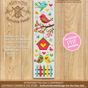 Spring Bookmark Cross Stitch Pattern PDF Download Romantic Love Birds ...