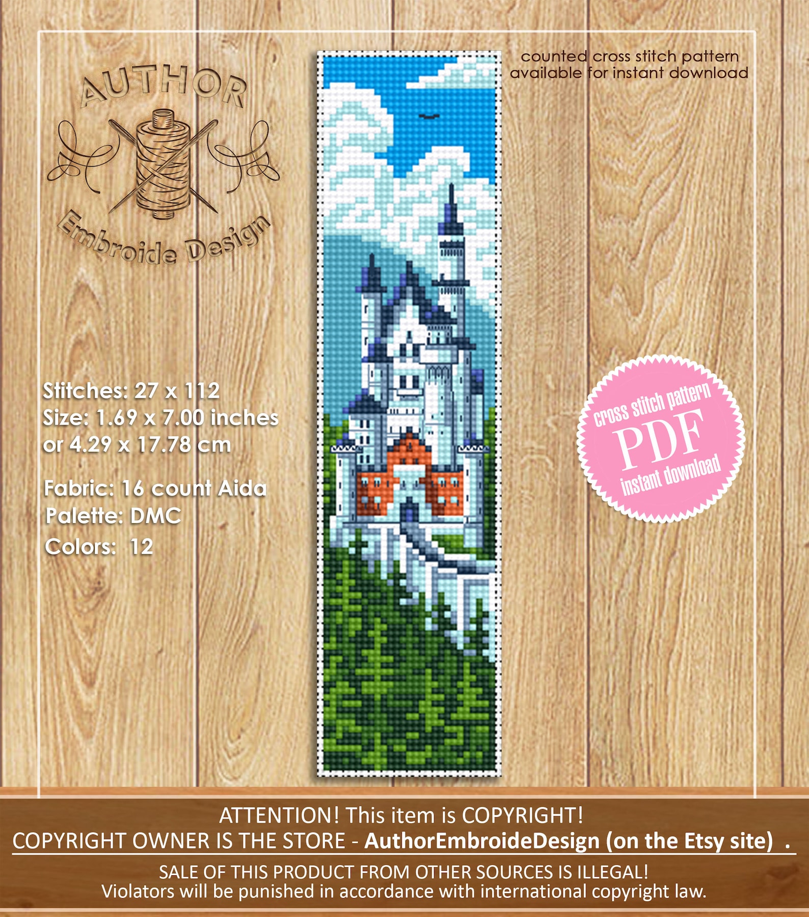 Bookmark Cross Stitch Pattern PDF Neuschwanstein Castle Cross Stitch ...