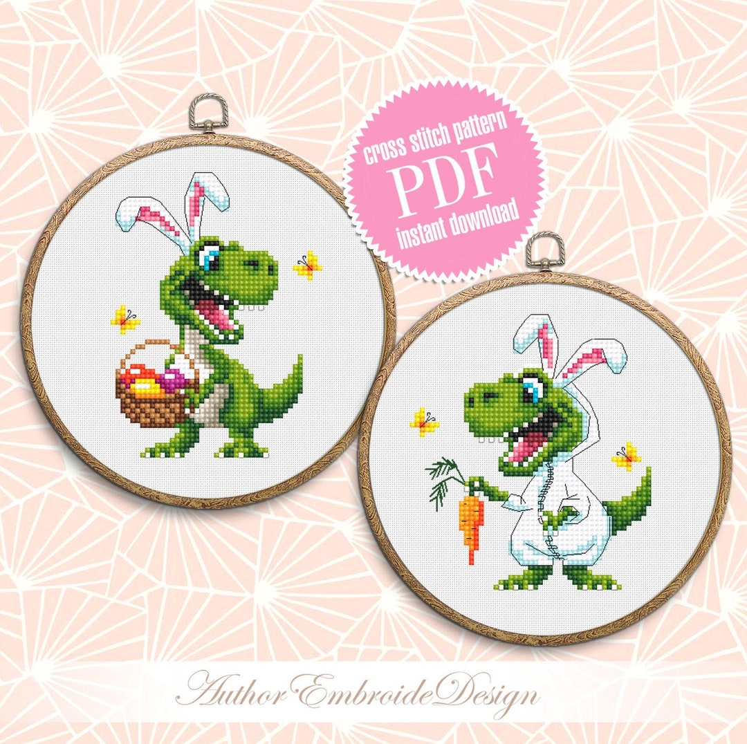 Funny Dinosaur Easter Cross Stitch Pattern PDF Download, Set of 2 Small ...