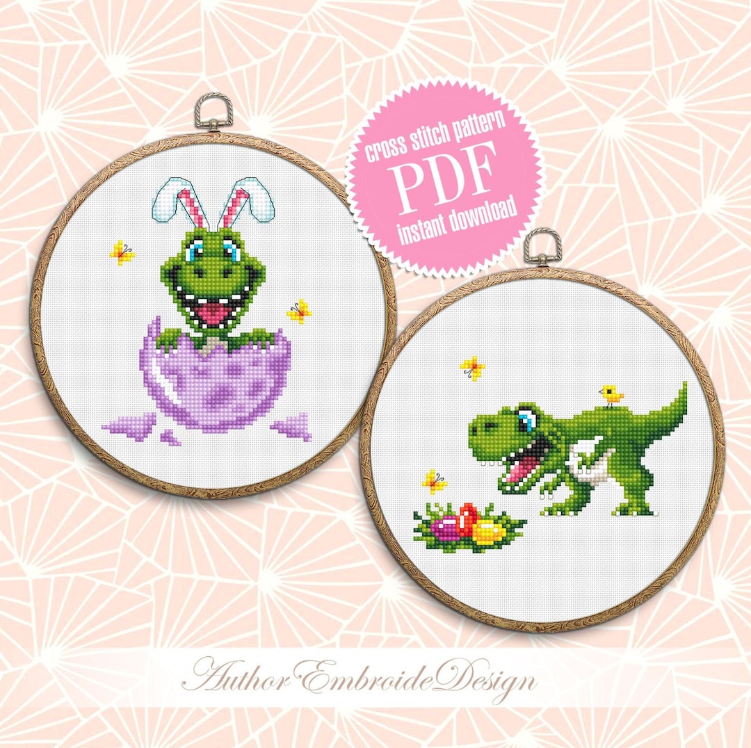 Funny Dinosaur Easter Cross Stitch Pattern PDF Download, Set of 2 Small ...