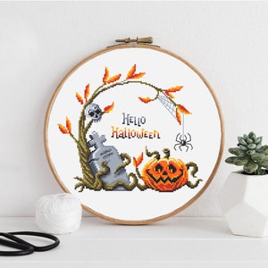 Hello Halloween Cross Stitch Pattern Download PDF Pumpkin Cross Stitch ...