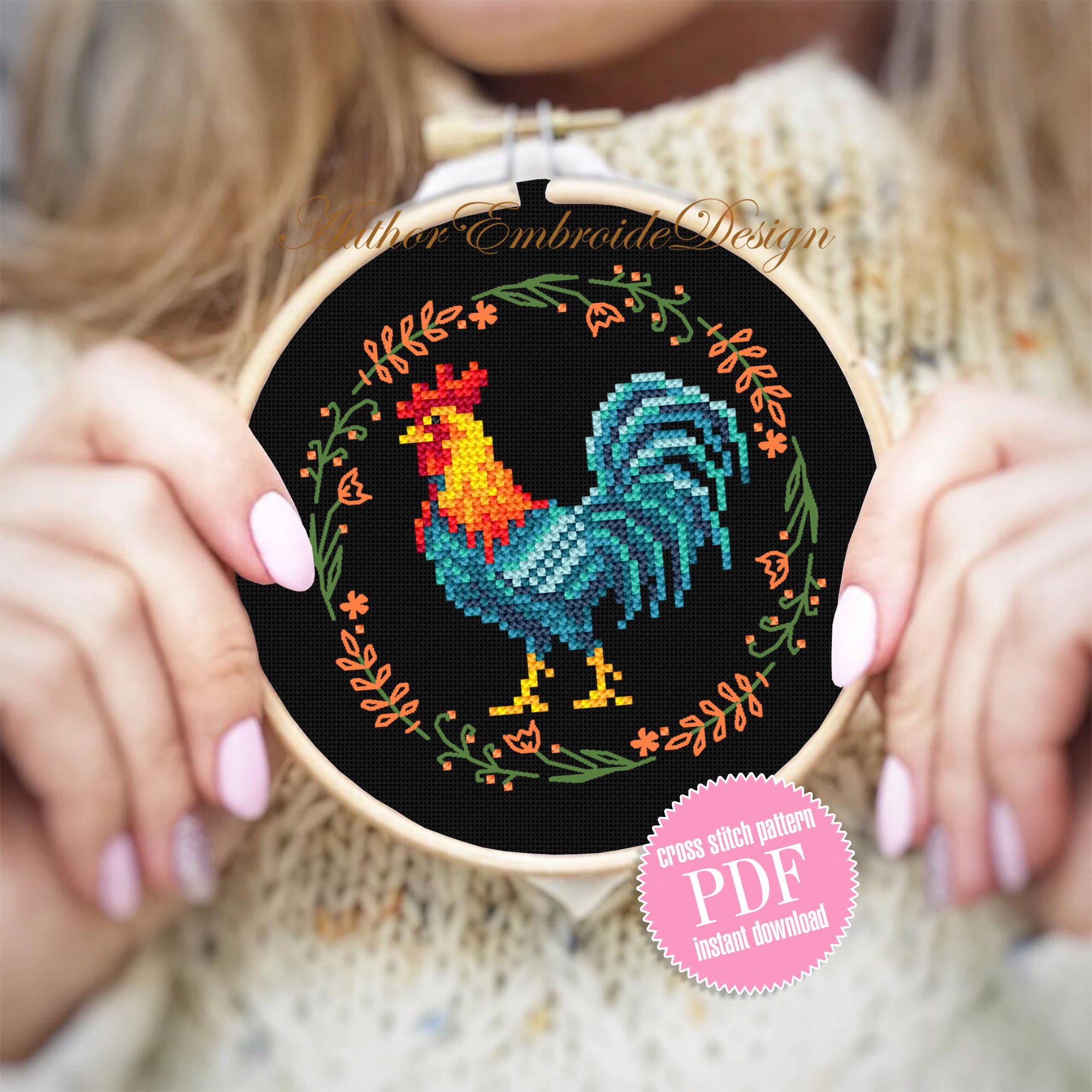 Rooster Cross Stitch Pattern PDF Download Floral Chicken Cross Stitch ...