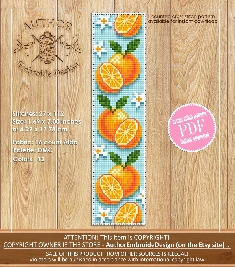 Orange Bookmark Cross Stitch Pattern Download PDF Modern Handmade ...