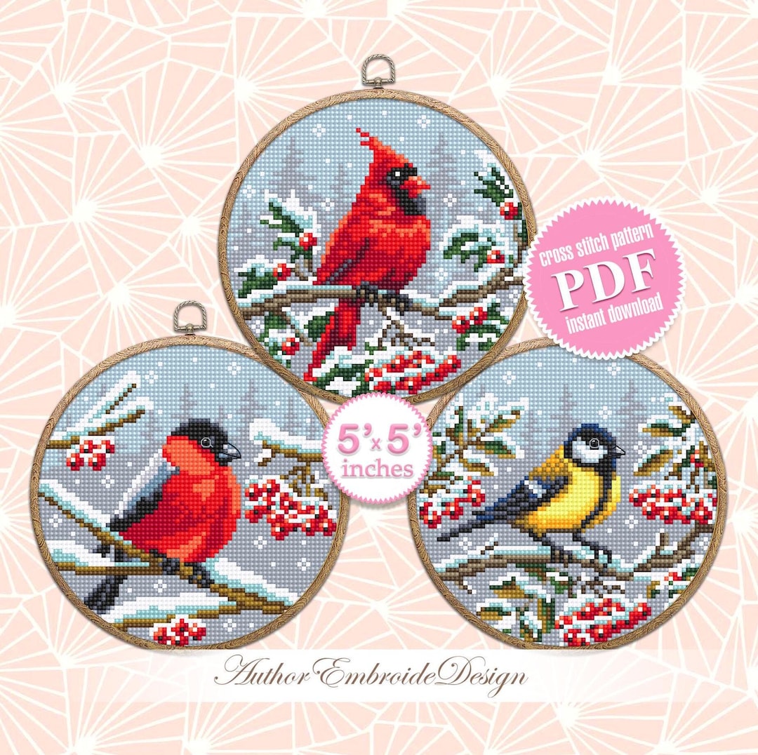 Set of 3 Winter Birds Cross Stitch Pattern PDF Download Snow Nature ...