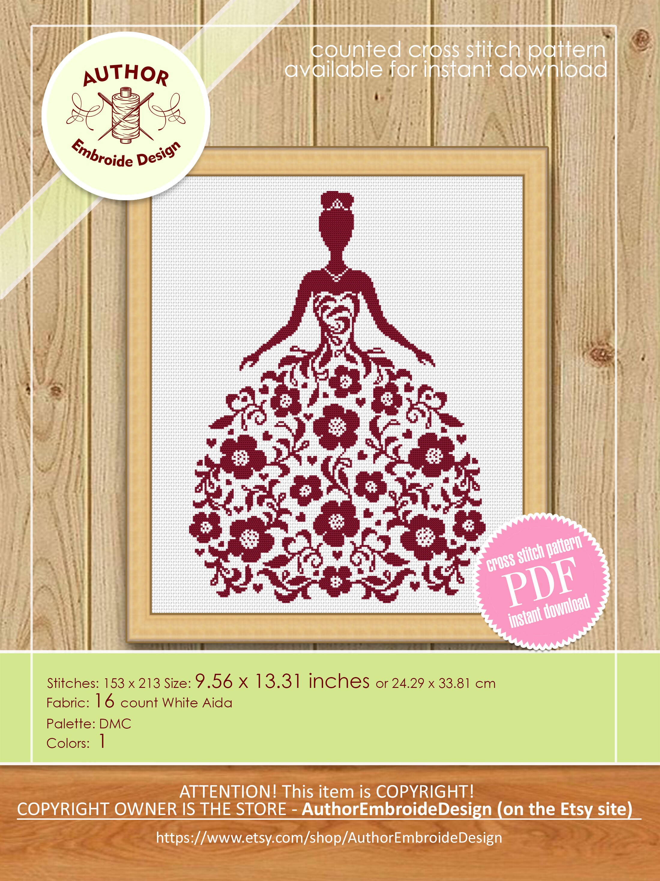 Wedding Dress Cross Stitch Pattern Download PDF Silhouette Bride Cross ...