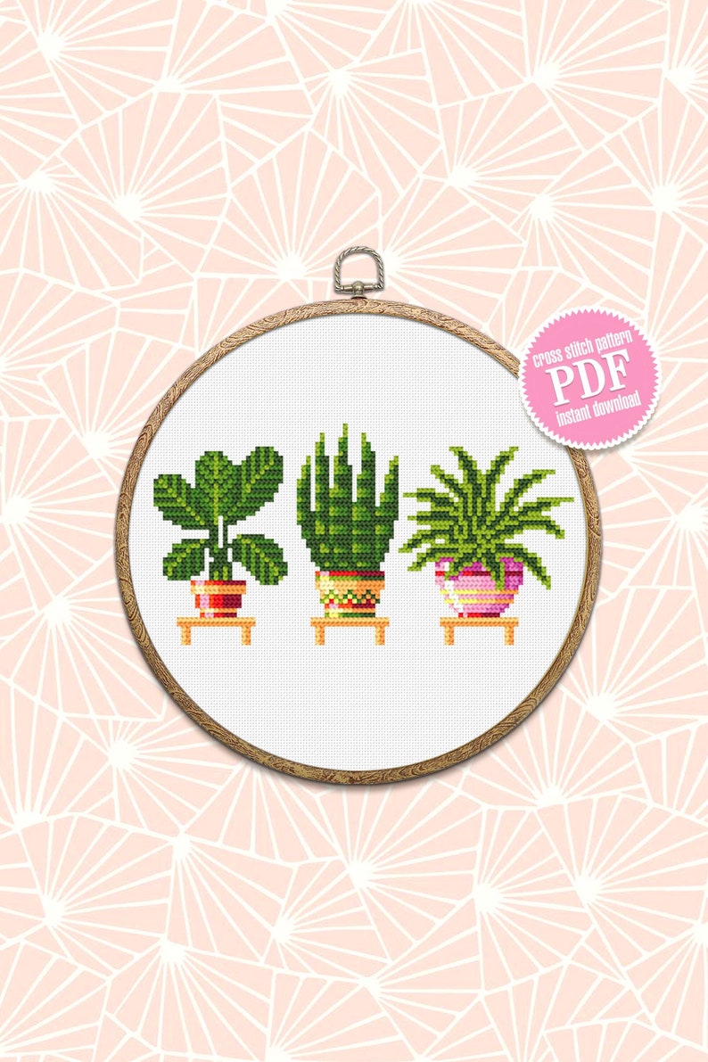 Potted Plants Cross Stitch Pattern Download PDF Small Floral - Etsy