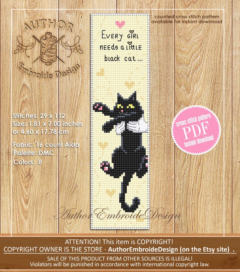 Cat Bookmark Cross Stitch Pattern Download PDF Black Cat Cross Stitch ...