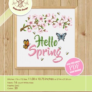 Hello Spring Cross Stitch Pattern PDF Download Cherry Blossom Cross Stitch Chart, Floral Pattern ...
