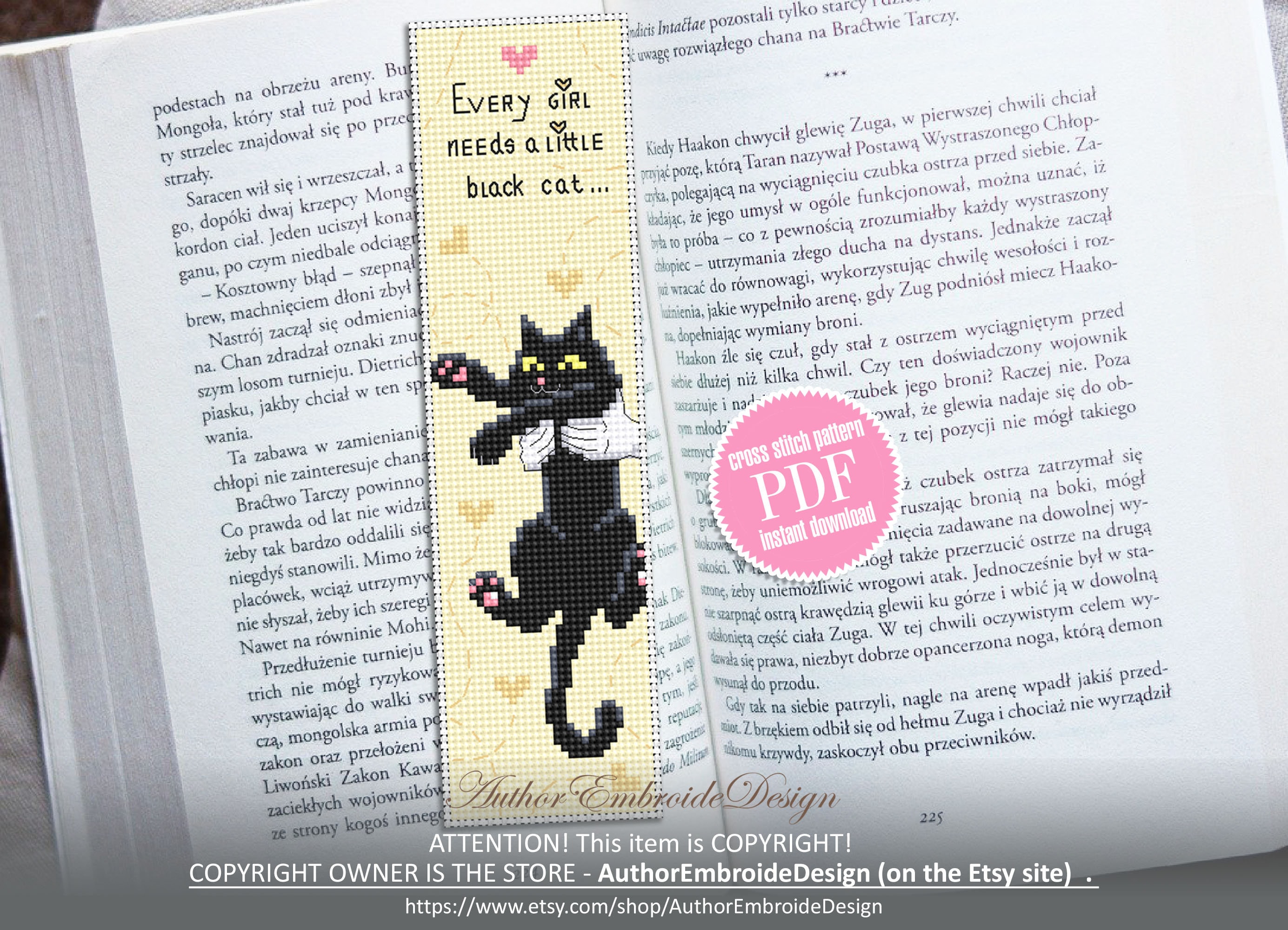 Cat Bookmark Cross Stitch Pattern Download PDF Black Cat Cross Stitch ...