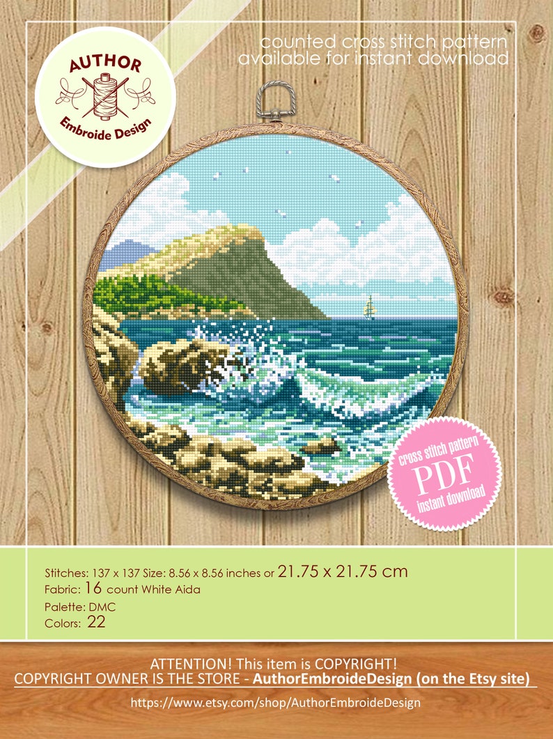 Sea Landscape Cross Stitch Pattern Download PDF Ocean Waves Cross ...