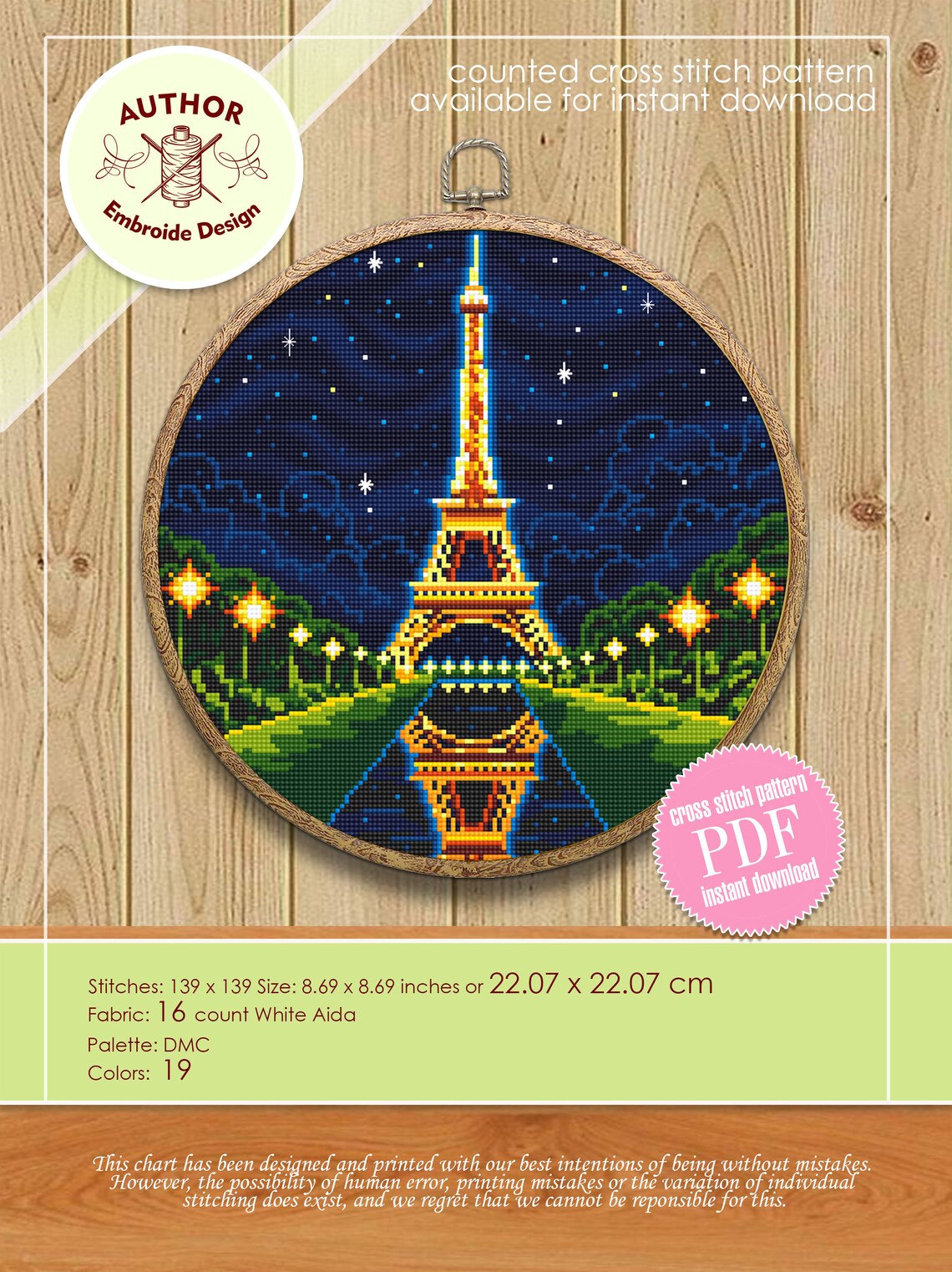 Eiffel Tower Cross Stitch Pattern PDF Download Night France - Etsy