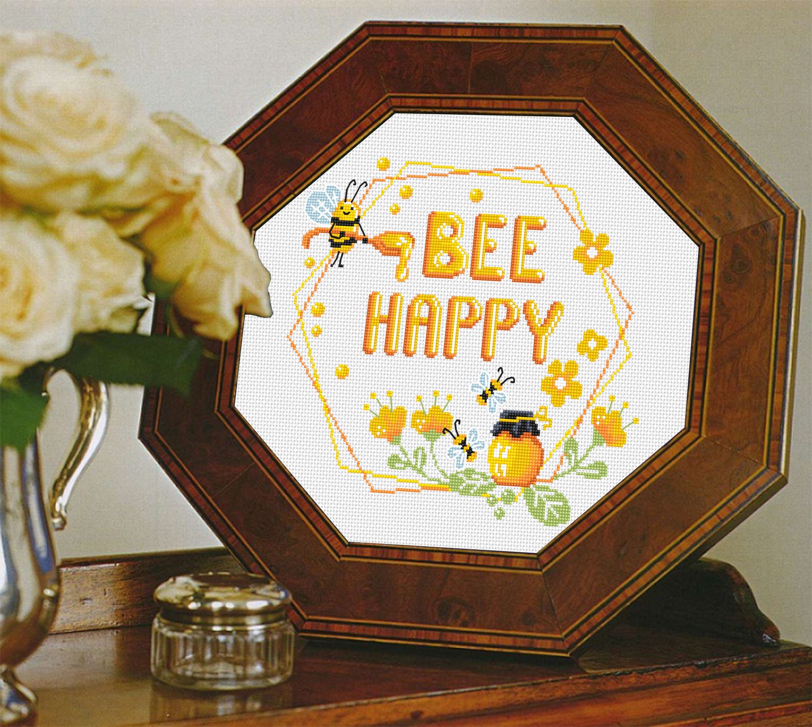 Honey Bee Cross Stitch Digital PDF Pattern Bee Happy Cross Stitch Quote ...