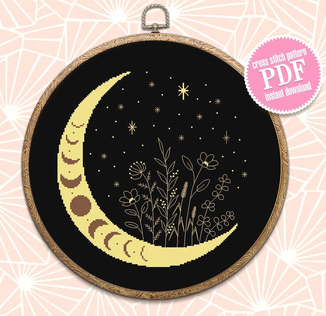 Mystical Floral Moon Cross Stitch Pattern Download PDF Moon Phase Cross ...