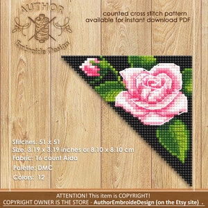 Corner Bookmark Cross Stitch Pattern PDF Download Pink Rose Cross ...