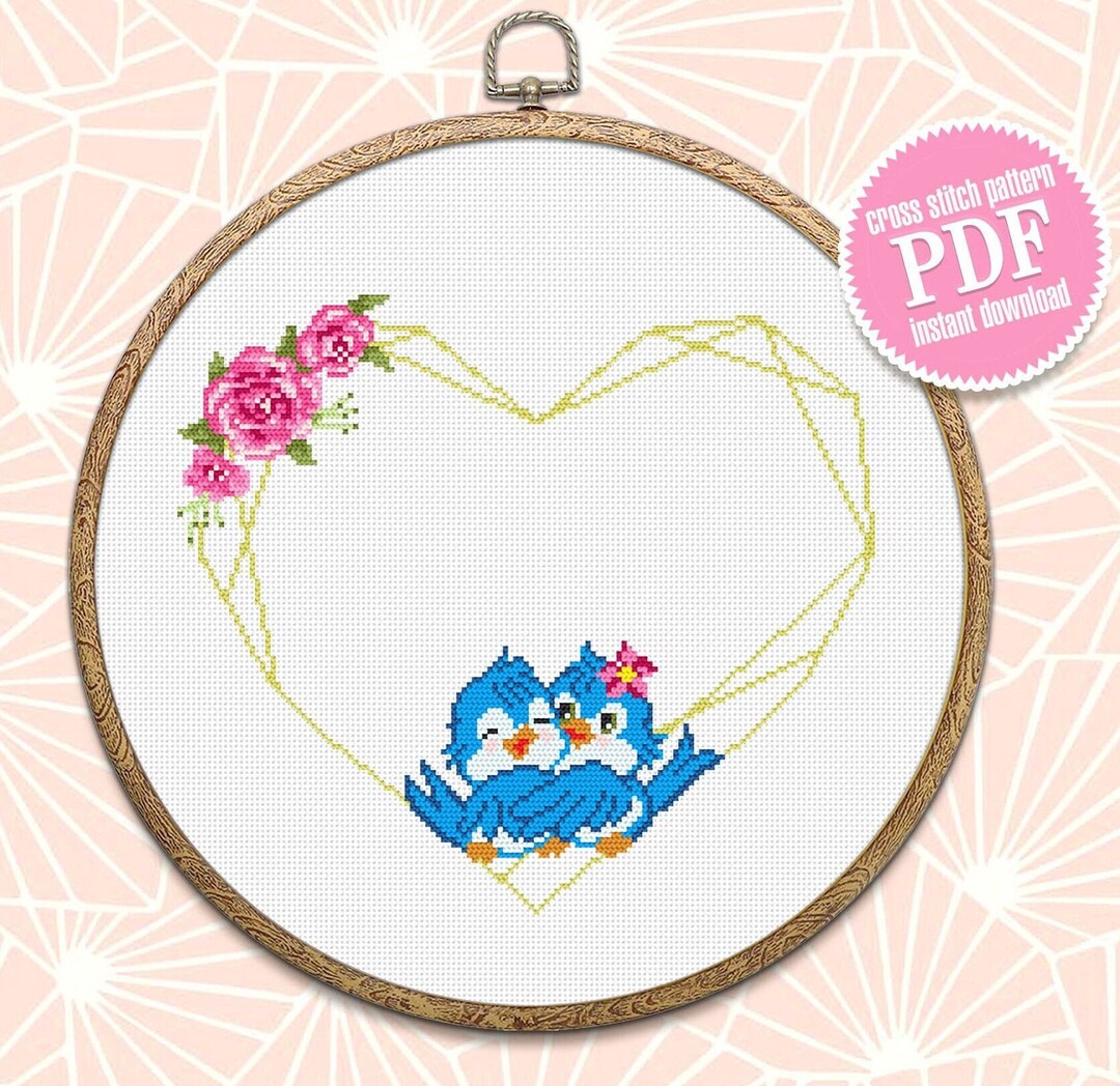 Floral Heart Frame Cross Stitch Pattern Download PDF Blue Birds Cross ...
