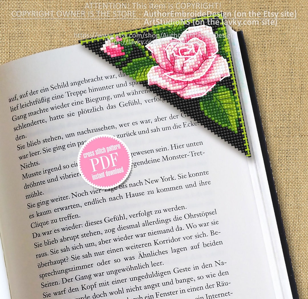 Corner Bookmark Cross Stitch Pattern PDF Download Pink Rose Cross ...