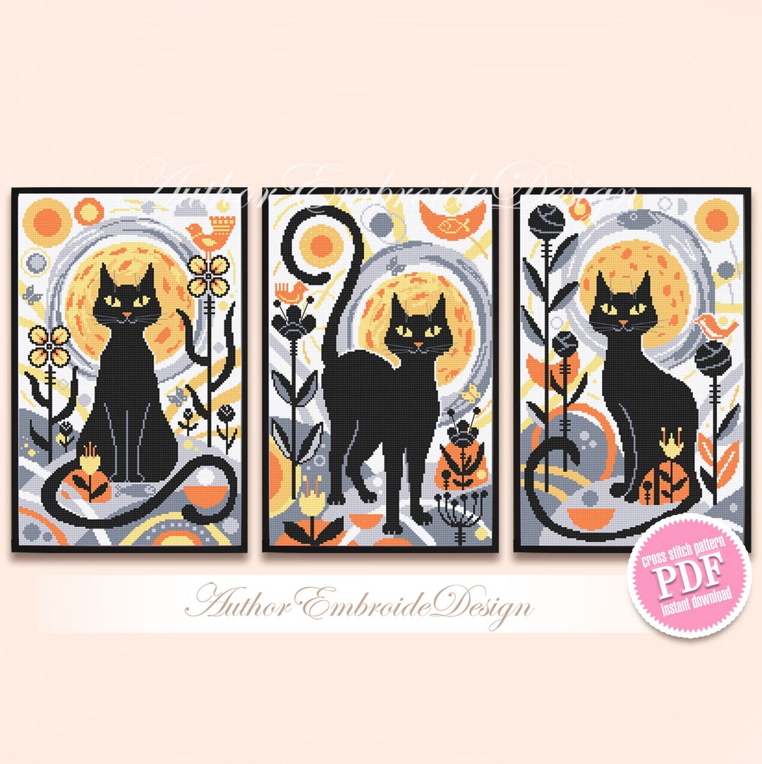 Set of 3 Boho Cat Cross Stitch Pattern PDF Download Boho Cross Stitch ...