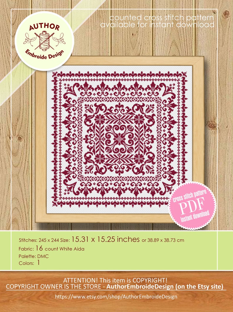 Square Mandala Cross Stitch Pattern PDF Download, Floral Ornament ...