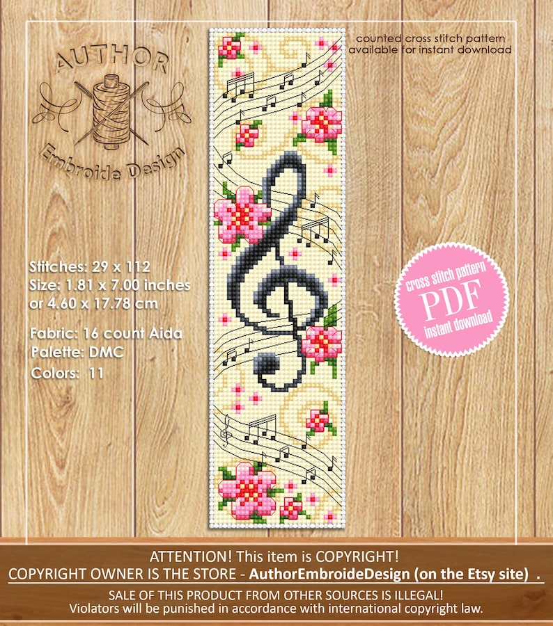 Music Bookmark Set Cross Stitch Pattern PDF Download Treble Clef Cross ...