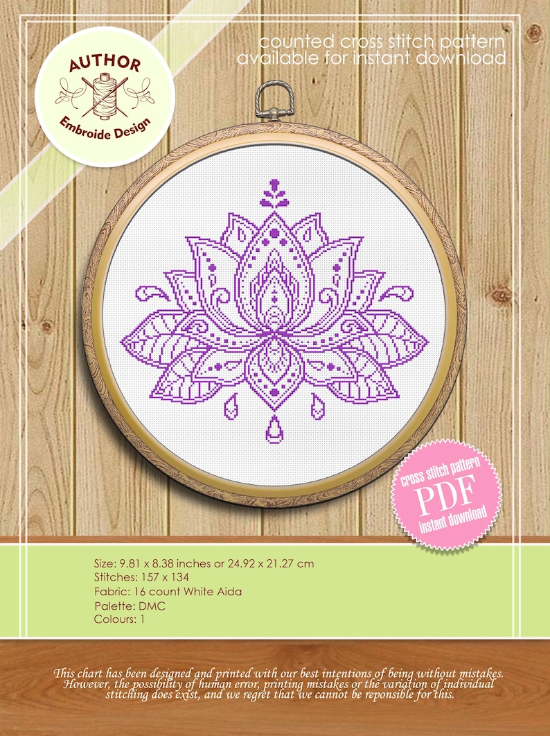 Lotus Flower Cross Stitch Pattern Download PDF Floral - Etsy